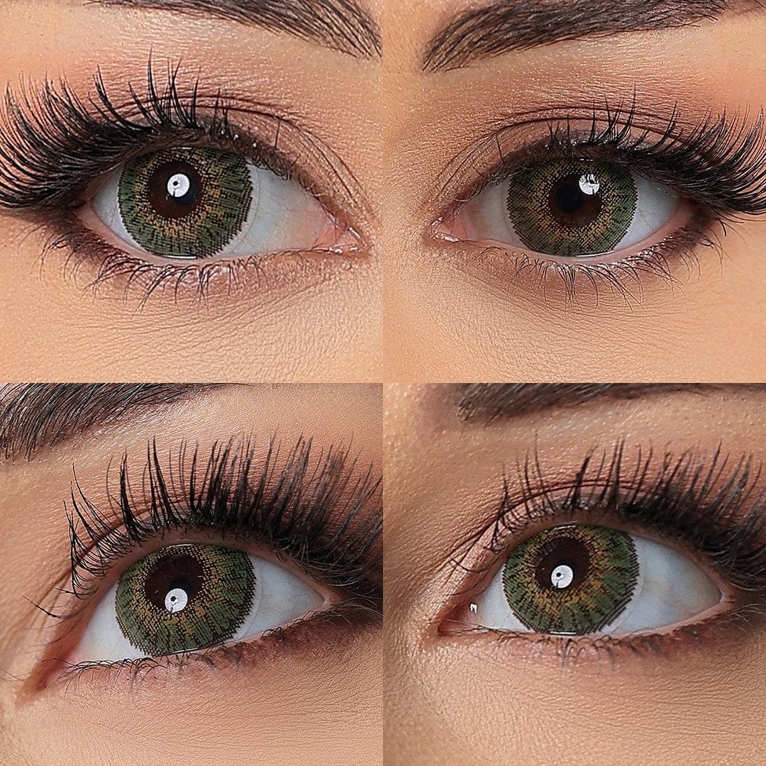 green lenses on brown eyes